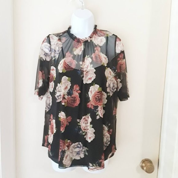 Monteau | Tops | Monteau Womens Black Multicolored Floral Chiffon Short ...